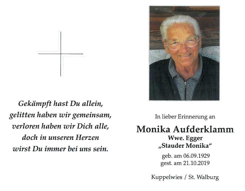 Monika Aufderklamm Wwe Egger Aus Ulten Trauerhilfe It Das
