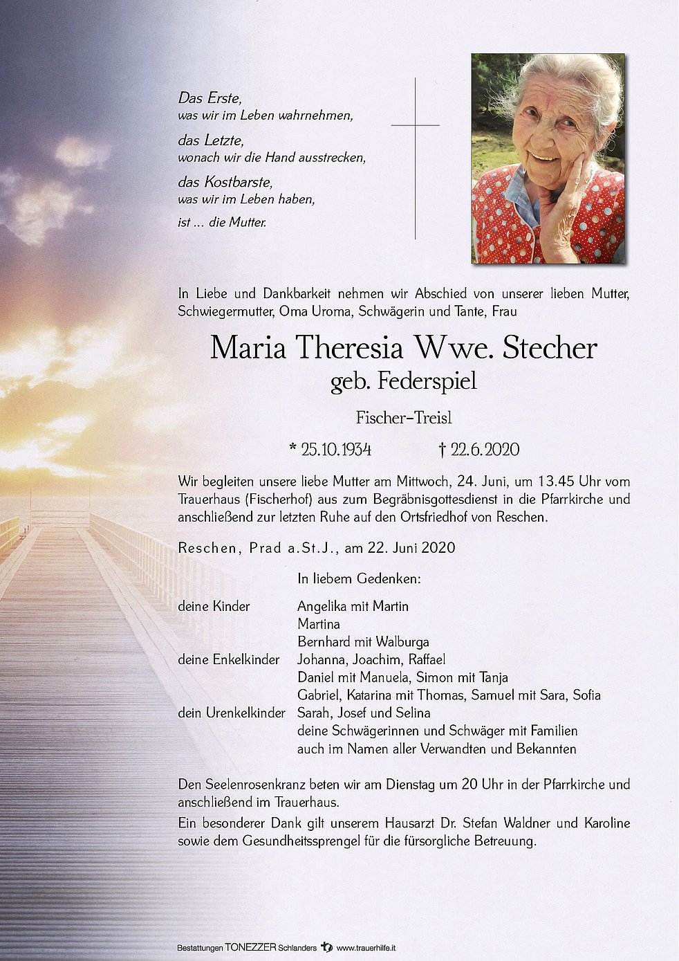 Maria Theresia Wwe. Stecher aus Graun - TrauerHilfe.it - das Südtiroler Gedenkportal