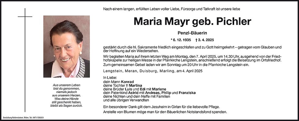 Maria Mayr aus Ritten - TrauerHilfe.it - das Südtiroler Gedenkportal