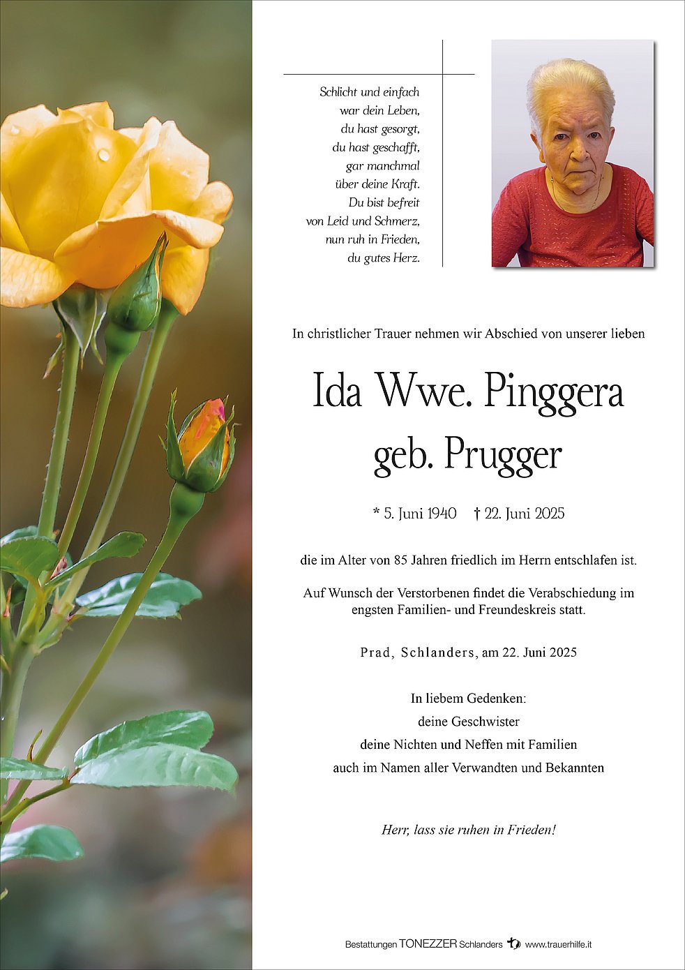 Ida Wwe. Pinggera aus Prad am Stilfserjoch - TrauerHilfe.it - das Südtiroler Gedenkportal