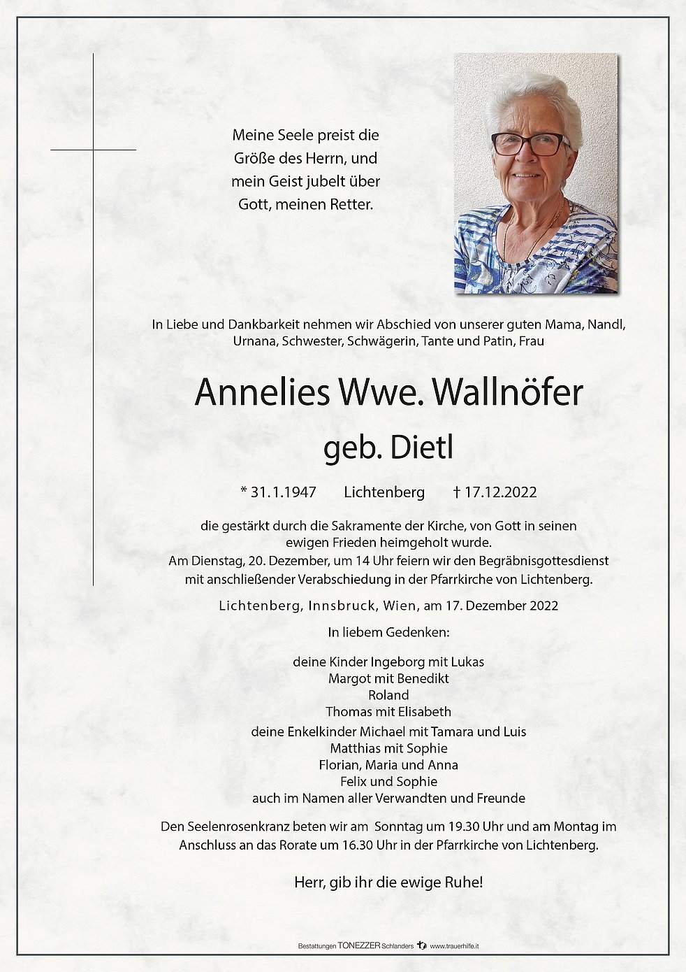 Annelies Wwe. Wallnöfer aus Prad am Stilfserjoch - TrauerHilfe.it - das Südtiroler Gedenkportal