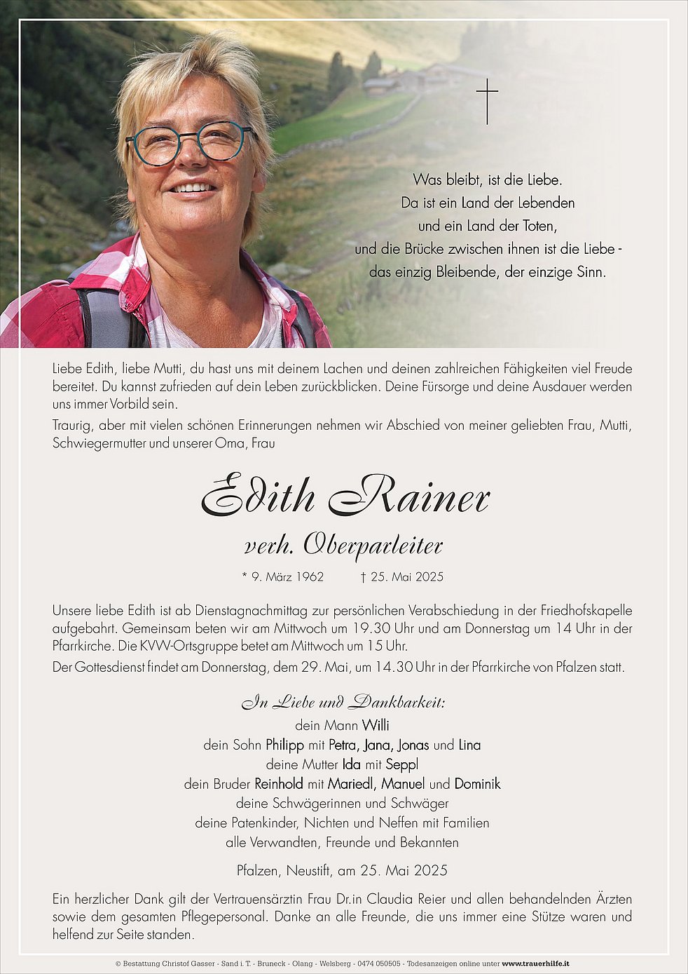 Edith Rainer aus Pfalzen - TrauerHilfe.it - das Südtiroler Gedenkportal