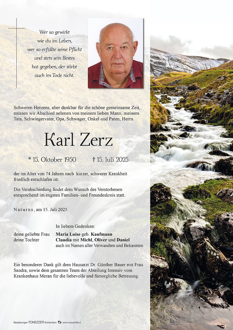 Karl Zerz aus Naturns - TrauerHilfe.it - das Südtiroler Gedenkportal