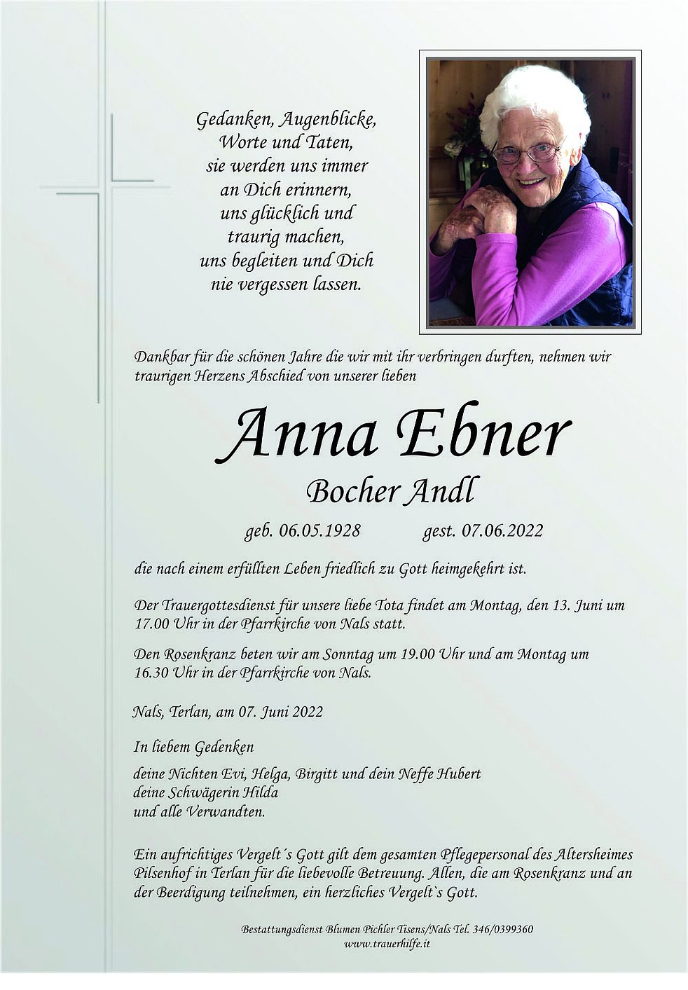 Anna Ebner aus Nals - TrauerHilfe.it - das Südtiroler Gedenkportal
