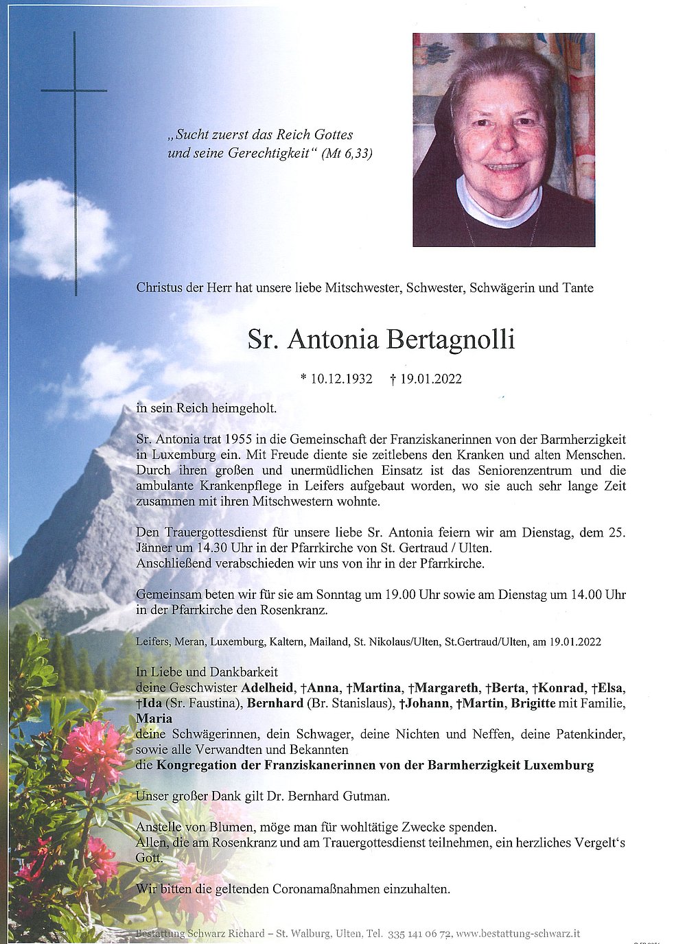 Sr. Antonia Bertagnolli aus Meran - TrauerHilfe.it - das Südtiroler ... Sr. Antonia Bertagnolli aus Meran - TrauerHilfe.it - das Südtiroler ...