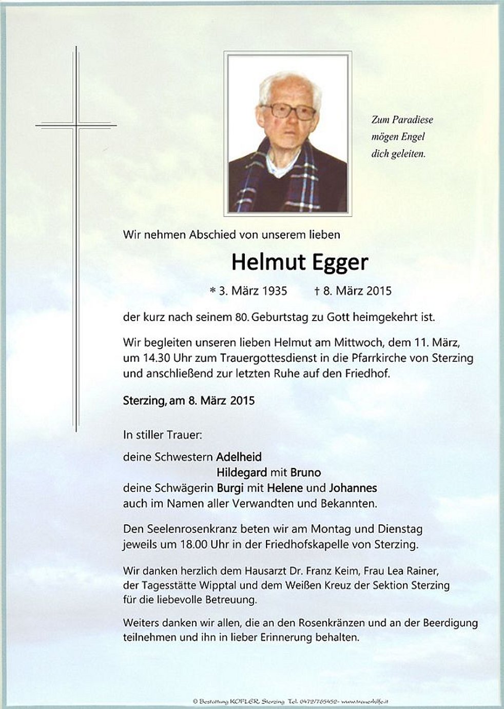 Helmut Egger aus Sterzing - TrauerHilfe.it - das Südtiroler Gedenkportal