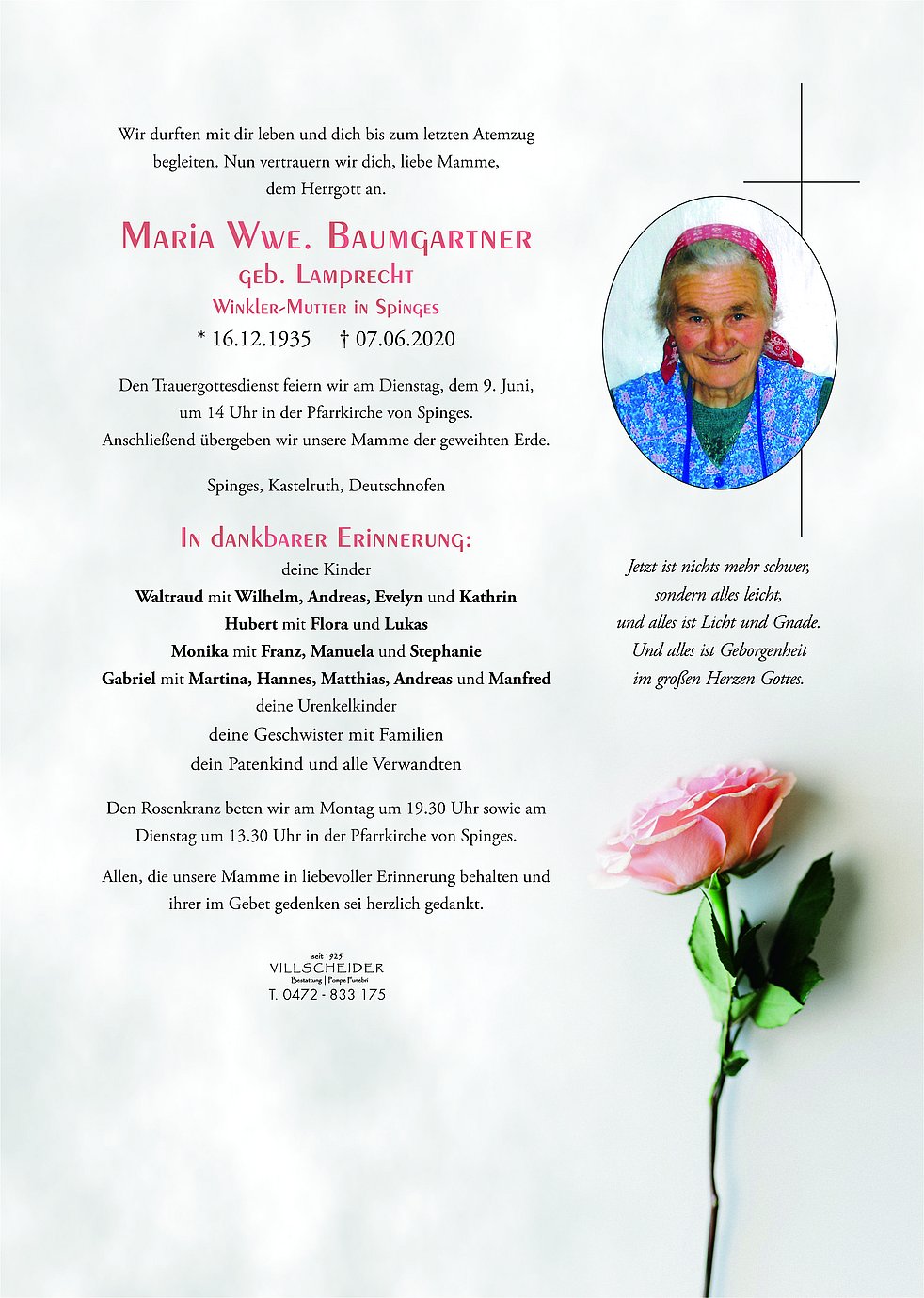 Maria Wwe. Baumgartner aus Mühlbach - TrauerHilfe.it - das Südtiroler ...