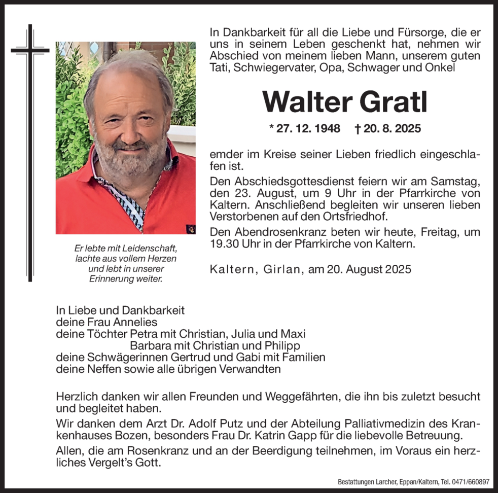 Walter Gratl aus Kaltern - TrauerHilfe.it - das Südtiroler Gedenkportal