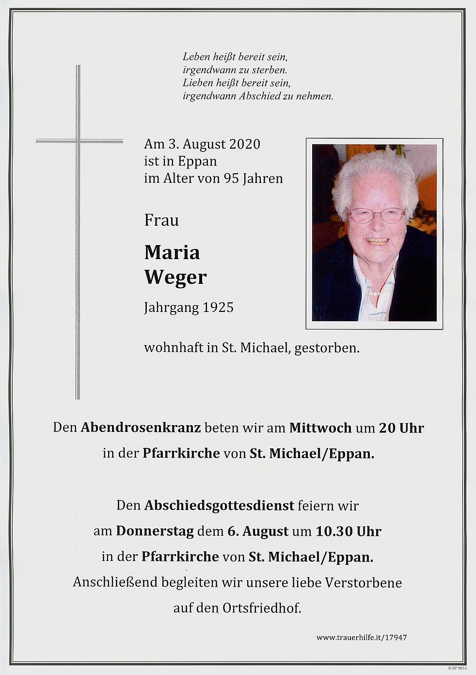 Maria Weger aus Eppan a. d. W. - TrauerHilfe.it - das Südtiroler ...