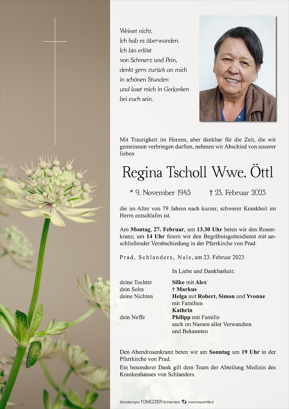 Regina Tscholl Wwe. Öttl aus Prad am Stilfserjoch - TrauerHilfe.it - das Südtiroler Gedenkportal