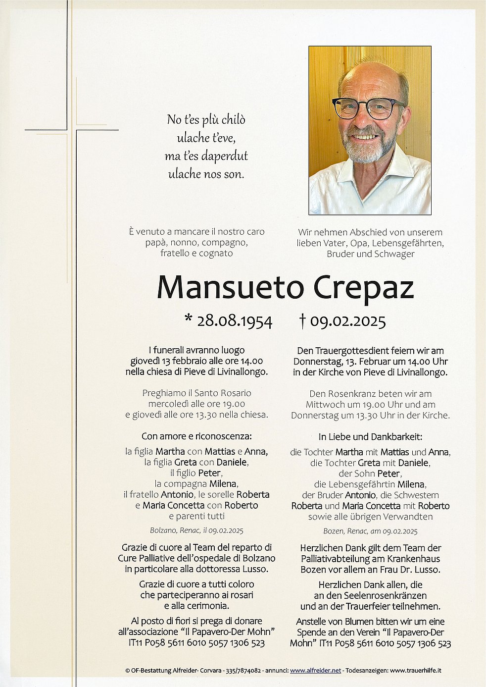 Mansueto Crepaz aus Bozen - TrauerHilfe.it - das Südtiroler Gedenkportal