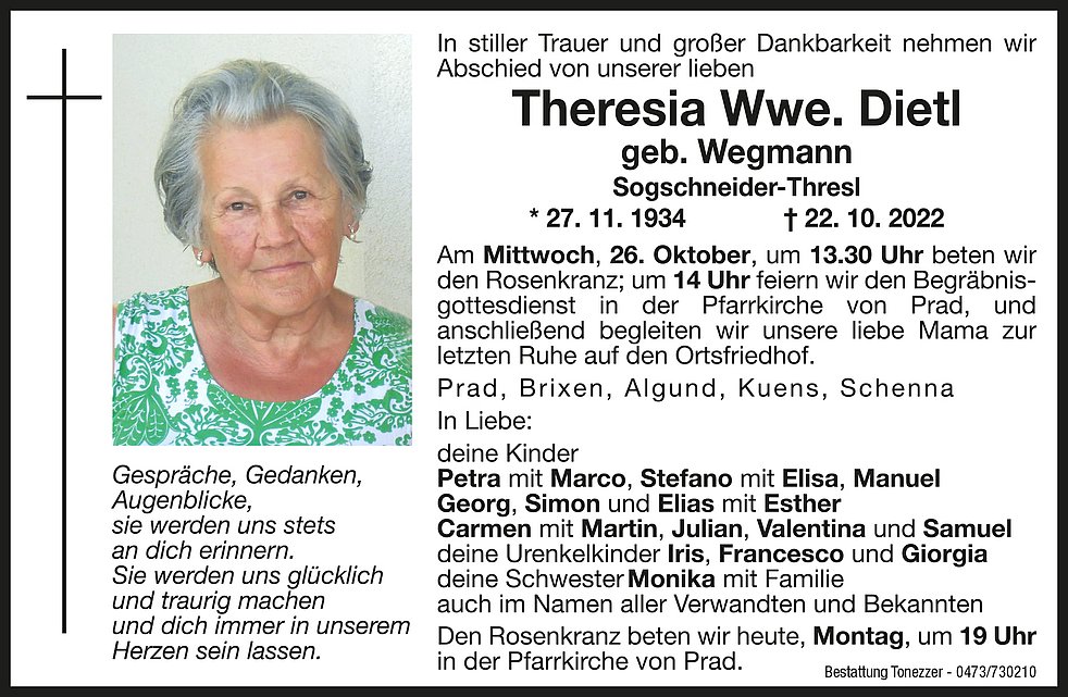 Theresia Wwe. Dietl aus Prad am Stilfserjoch - TrauerHilfe.it - das Südtiroler Gedenkportal