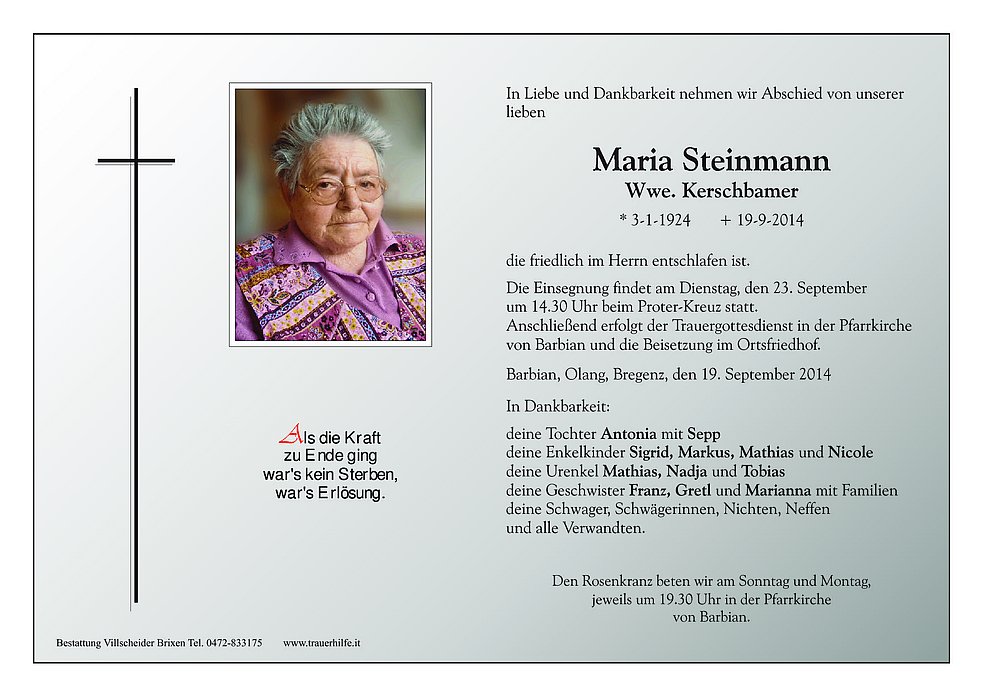 Maria Steinmann aus Barbian - TrauerHilfe.it - das Südtiroler Gedenkportal