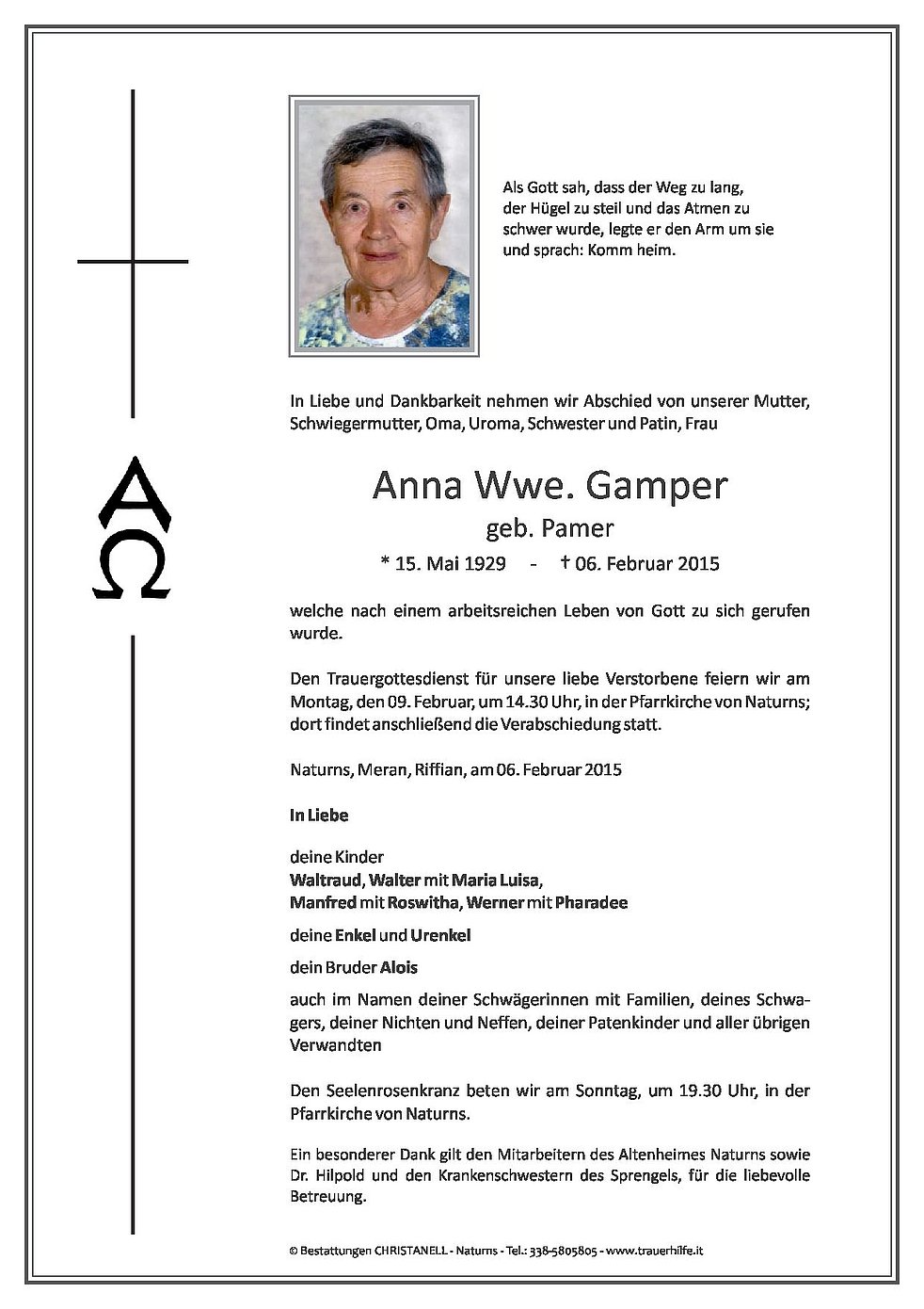 Anna Wwe. Gamper aus Naturns - TrauerHilfe.it - das Südtiroler Gedenkportal