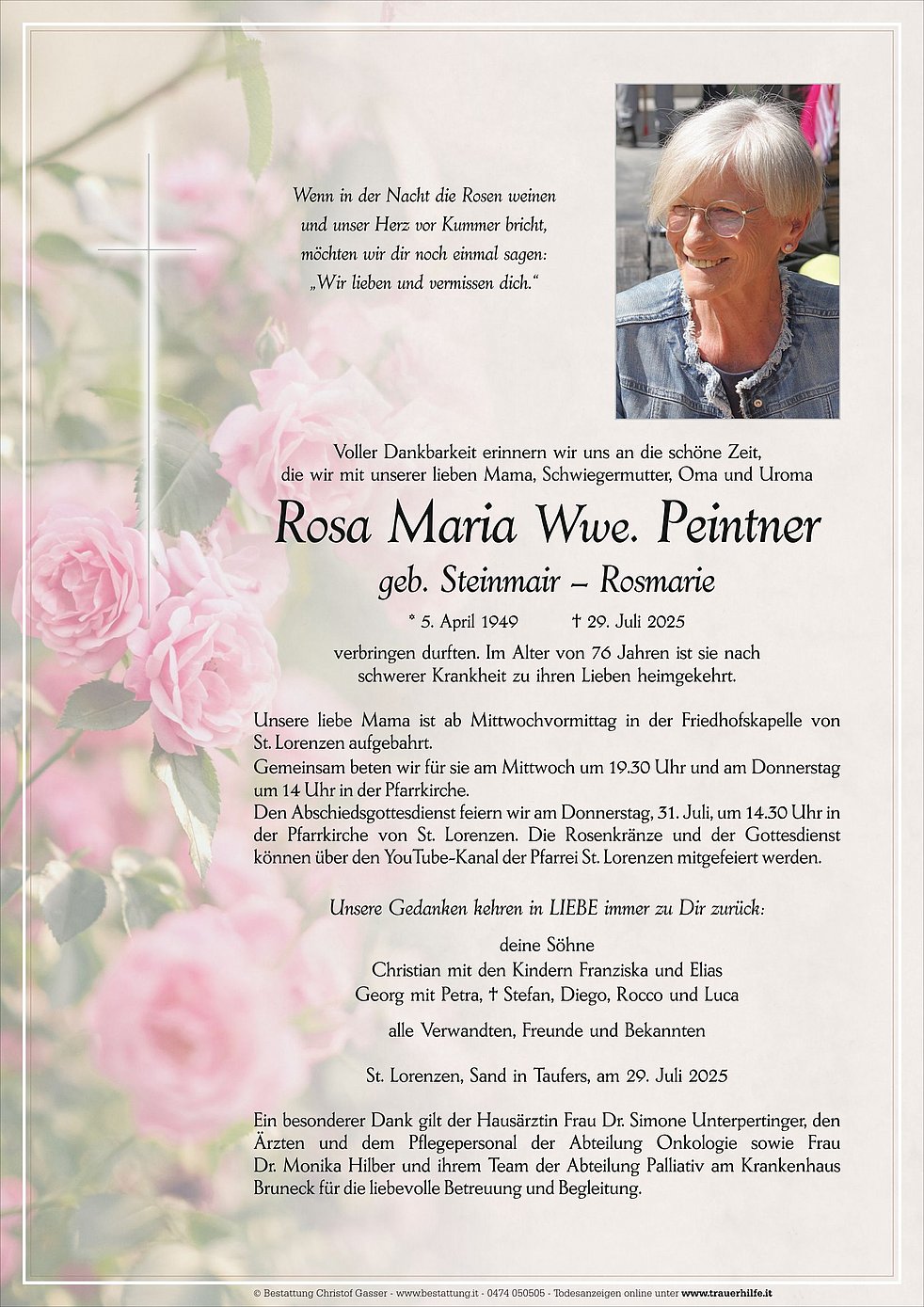 Rosa Maria Wwe. Peintner aus St. Lorenzen - TrauerHilfe.it - das Südtiroler Gedenkportal