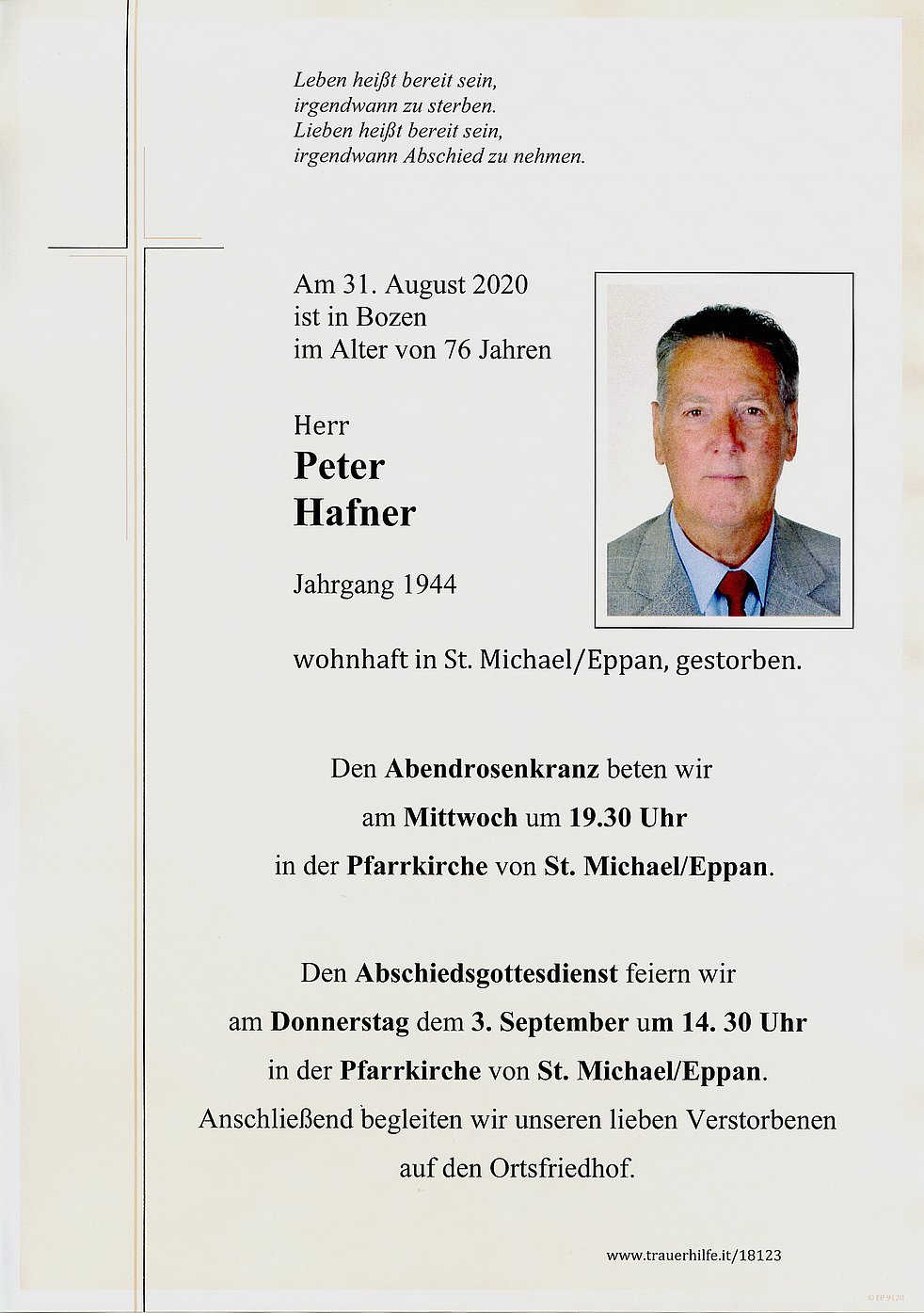 Peter Hafner aus Eppan a. d. W. - TrauerHilfe.it - das Südtiroler ...