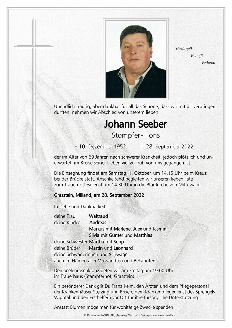 Johann Seeber aus Franzensfeste - TrauerHilfe.it - das Südtiroler ...