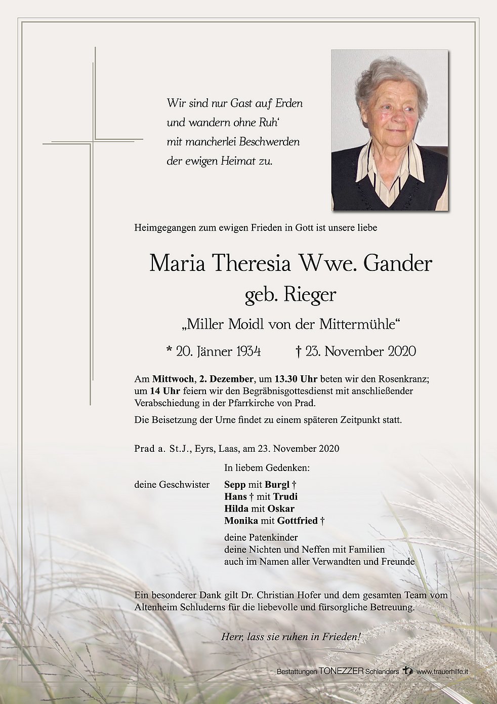 Maria Theresia Wwe. Gander aus Prad am Stilfserjoch - TrauerHilfe.it - das Südtiroler Gedenkportal