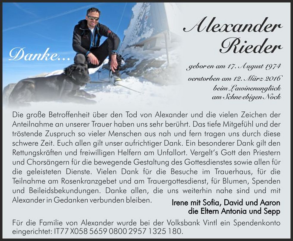 Alexander Rieder aus Kiens - TrauerHilfe.it - das Südtiroler Gedenkportal