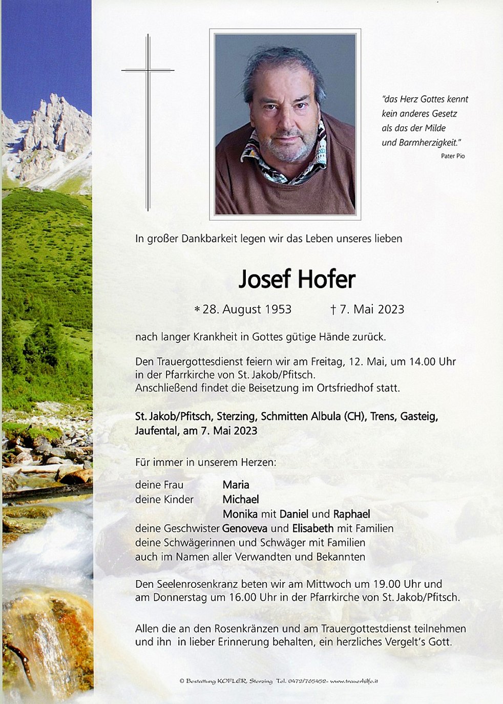 Josef Hofer aus Pfitsch - TrauerHilfe.it - das Südtiroler Gedenkportal