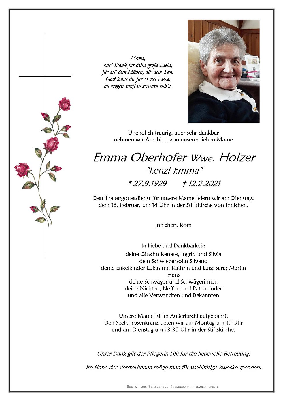 Emma Oberhofer Wwe. Holzer aus Innichen - TrauerHilfe.it - das ...