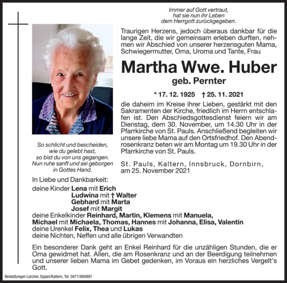 Martha Wwe. Huber aus Eppan a. d. W. - TrauerHilfe.it - das Südtiroler ...