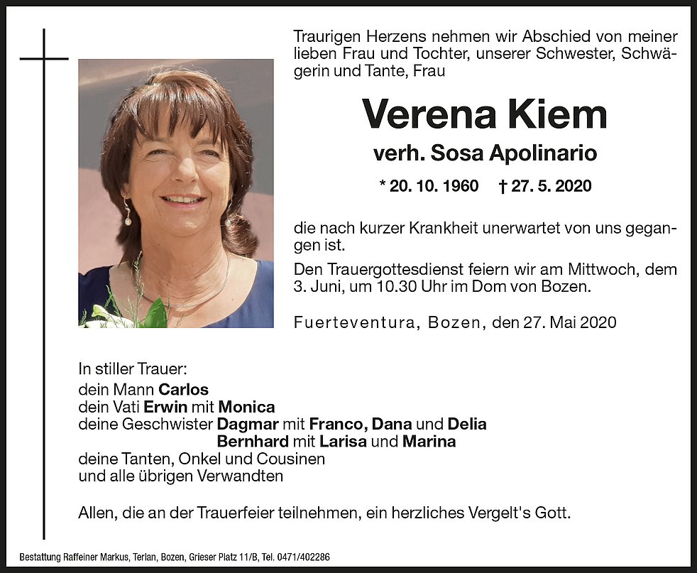 Verena Kiem aus außerhalb Südtirol - TrauerHilfe.it - das Südtiroler Gedenkportal