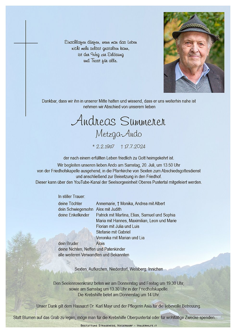 Andreas Summerer aus Sexten - TrauerHilfe.it - das Südtiroler Gedenkportal