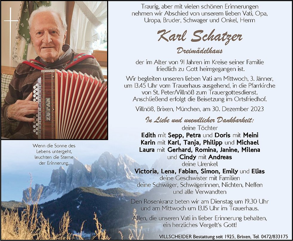 Karl Schatzer aus Villnöß - TrauerHilfe.it - das Südtiroler Gedenkportal