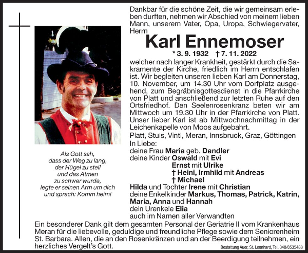 Karl Ennemoser aus Moos i. P. - TrauerHilfe.it - das Südtiroler ...