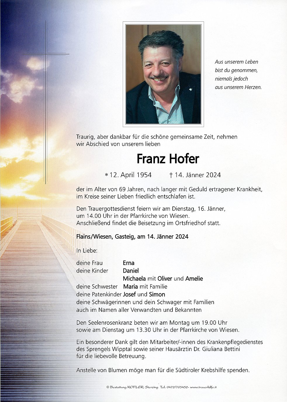 Franz Hofer aus Pfitsch - TrauerHilfe.it - das Südtiroler Gedenkportal
