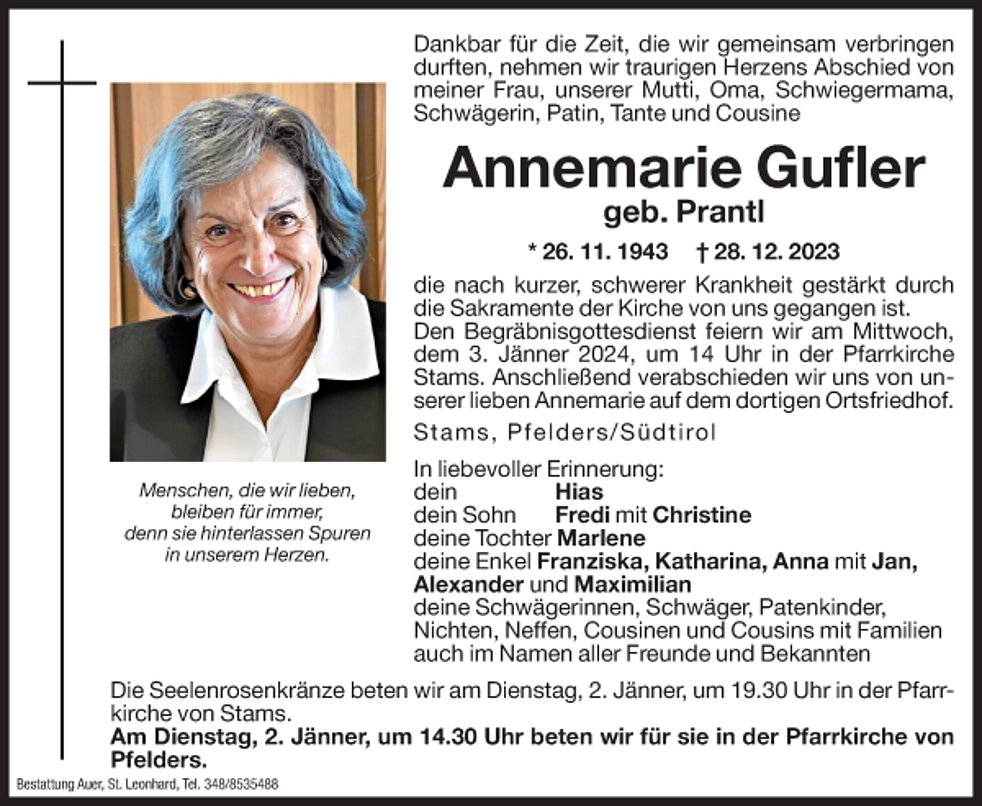 Annemarie Gufler aus außerhalb Südtirol - TrauerHilfe.it - das ...