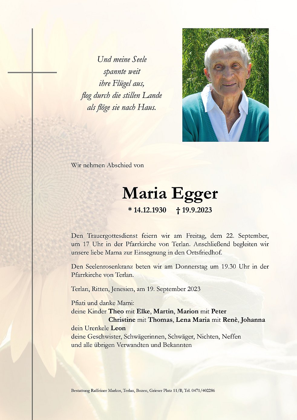 Maria Egger aus Terlan - TrauerHilfe.it - das Südtiroler Gedenkportal