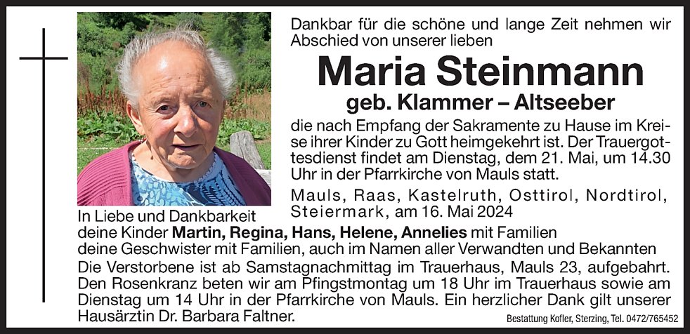 Maria Steinmann aus Freienfeld - TrauerHilfe.it - das Südtiroler ...