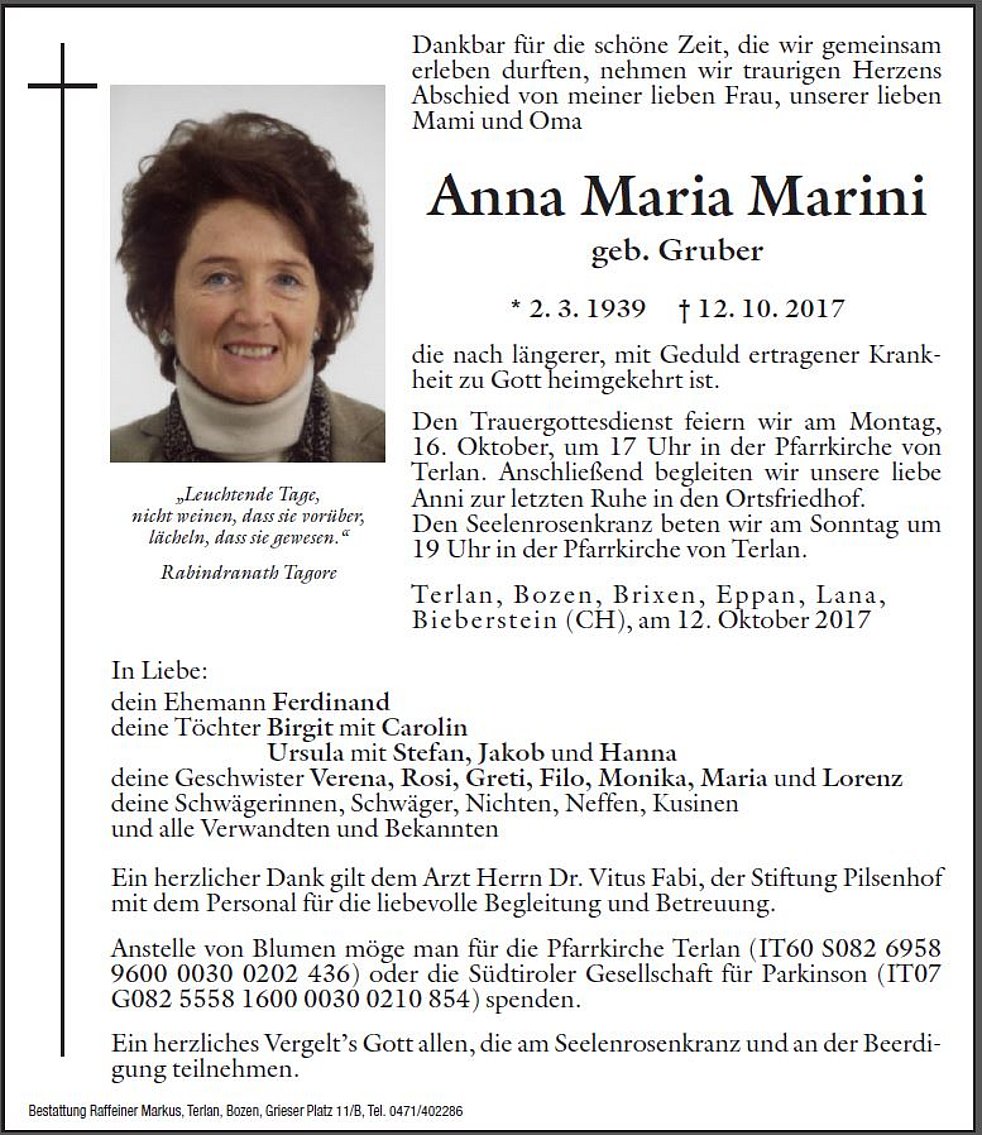 Anna Maria Marini aus Terlan - TrauerHilfe.it - das Südtiroler Gedenkportal