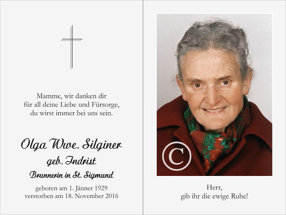 Olga Wwe. Silginer aus Kiens - TrauerHilfe.it - das Südtiroler Gedenkportal