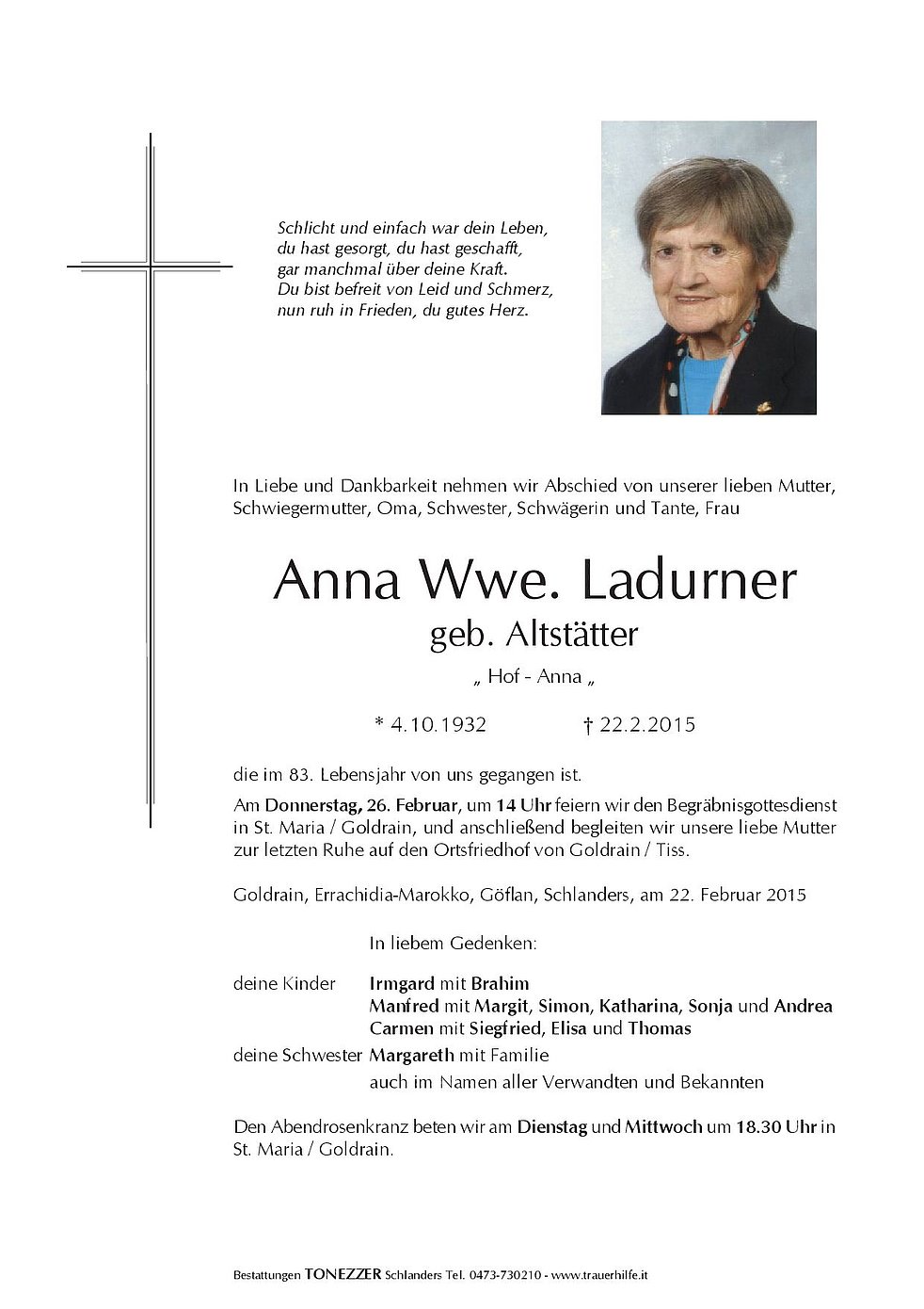 Anna Wwe. Ladurner aus Latsch - TrauerHilfe.it - das Südtiroler ...