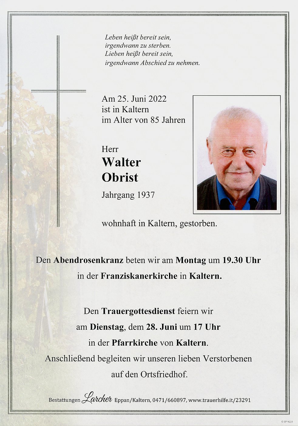 Walter Obrist aus Kaltern - TrauerHilfe.it - das Südtiroler Gedenkportal