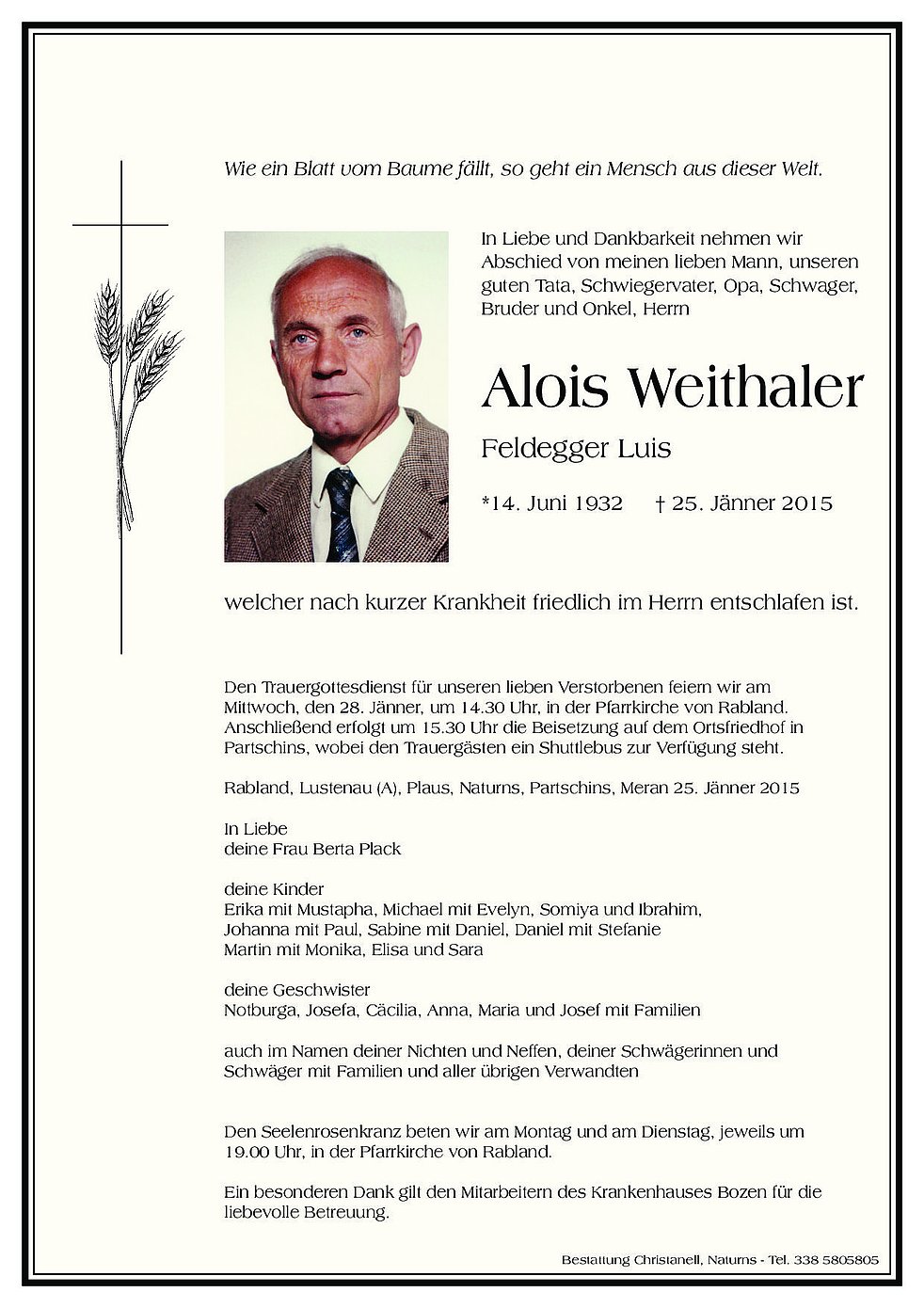 Alois Weithaler aus Partschins - TrauerHilfe.it - das Südtiroler ...