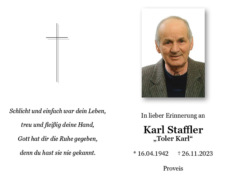 Karl Staffler aus Proveis - TrauerHilfe.it - das Südtiroler Gedenkportal