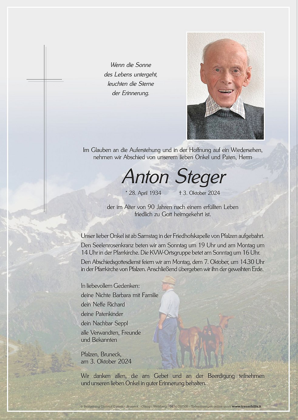 Anton Steger aus Pfalzen - TrauerHilfe.it - das Südtiroler Gedenkportal
