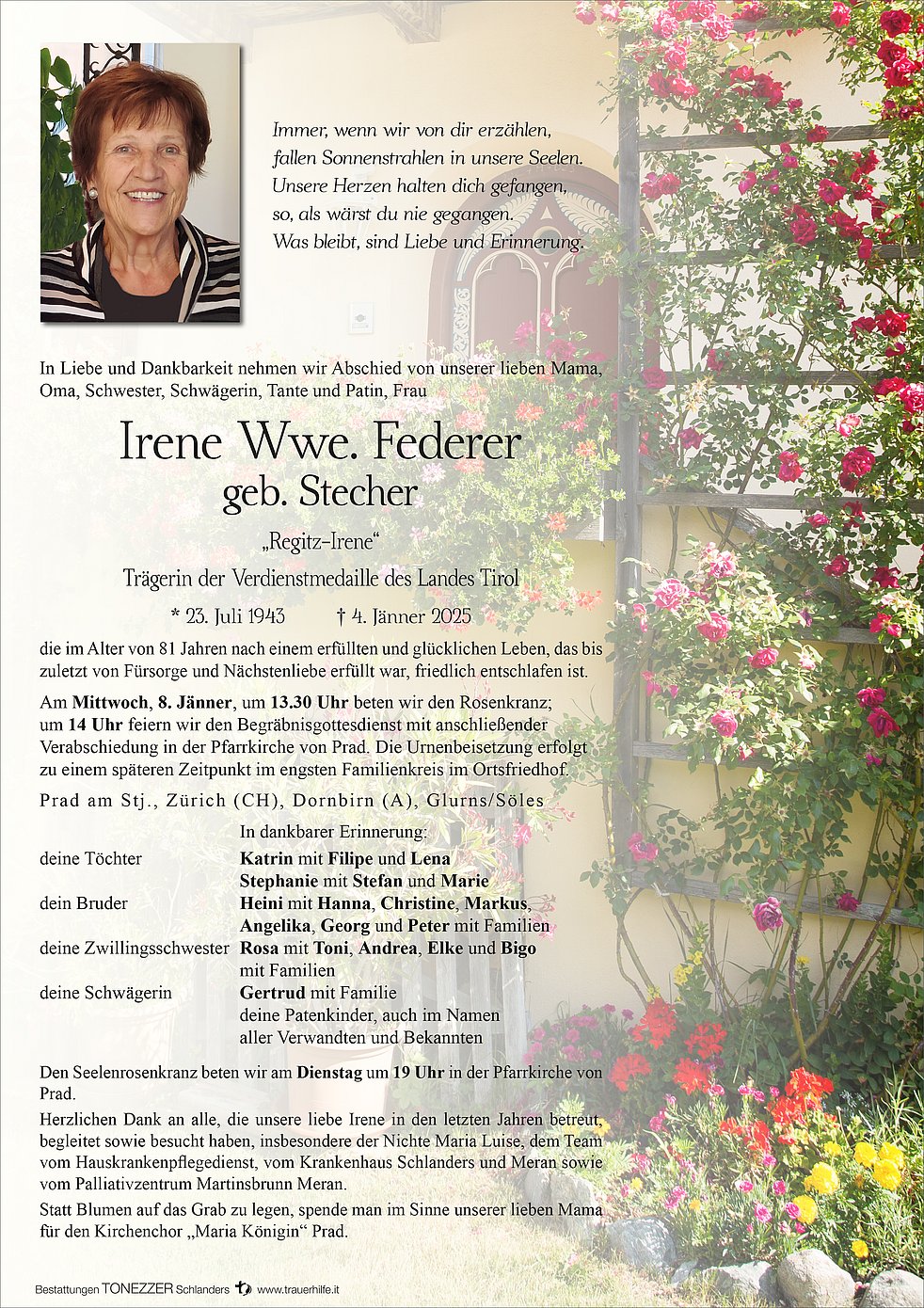 Irene Wwe. Federer aus Prad am Stilfserjoch - TrauerHilfe.it - das Südtiroler Gedenkportal