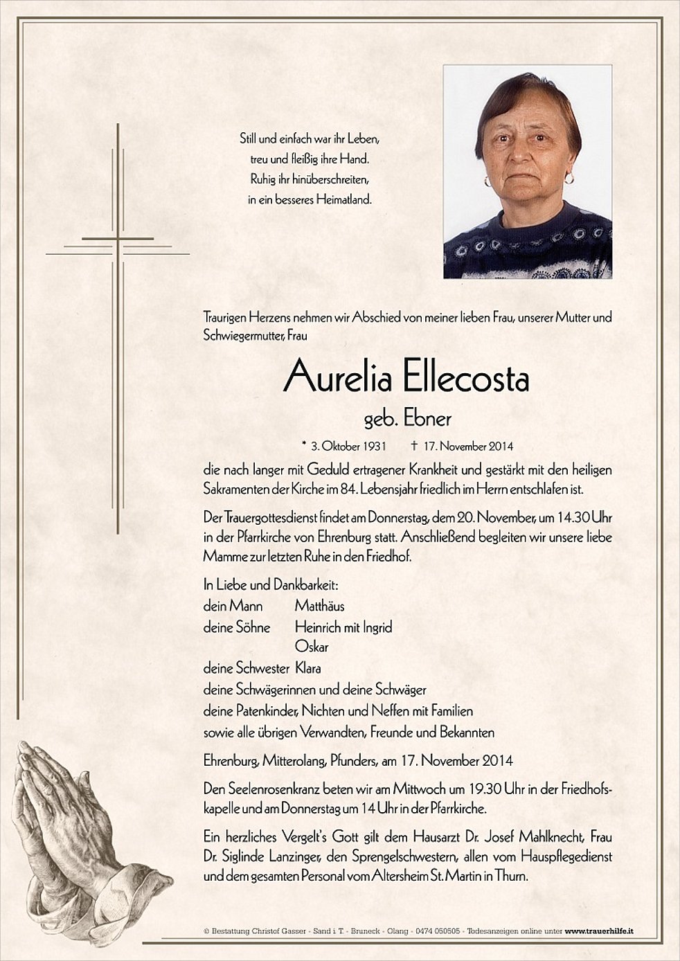 Aurelia Ellecosta aus Kiens - TrauerHilfe.it - das Südtiroler Gedenkportal