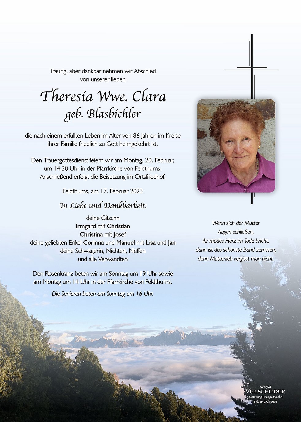 Theresia Wwe. Clara aus Feldthurns - TrauerHilfe.it - das Südtiroler Gedenkportal