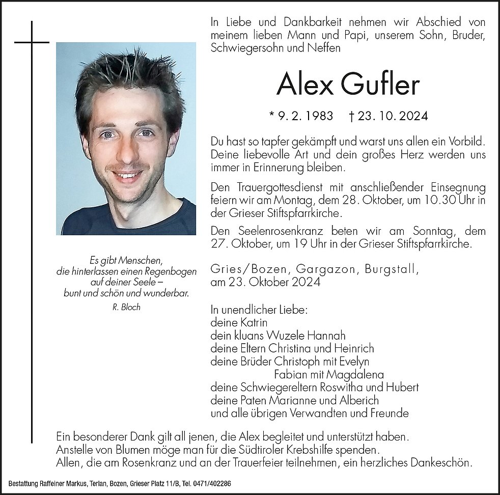 Alex Gufler aus Bozen - TrauerHilfe.it - das Südtiroler Gedenkportal