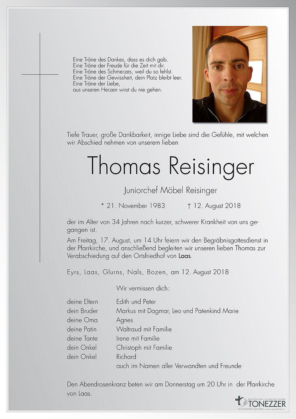 Thomas Reisinger aus Laas - TrauerHilfe.it - das Südtiroler Gedenkportal