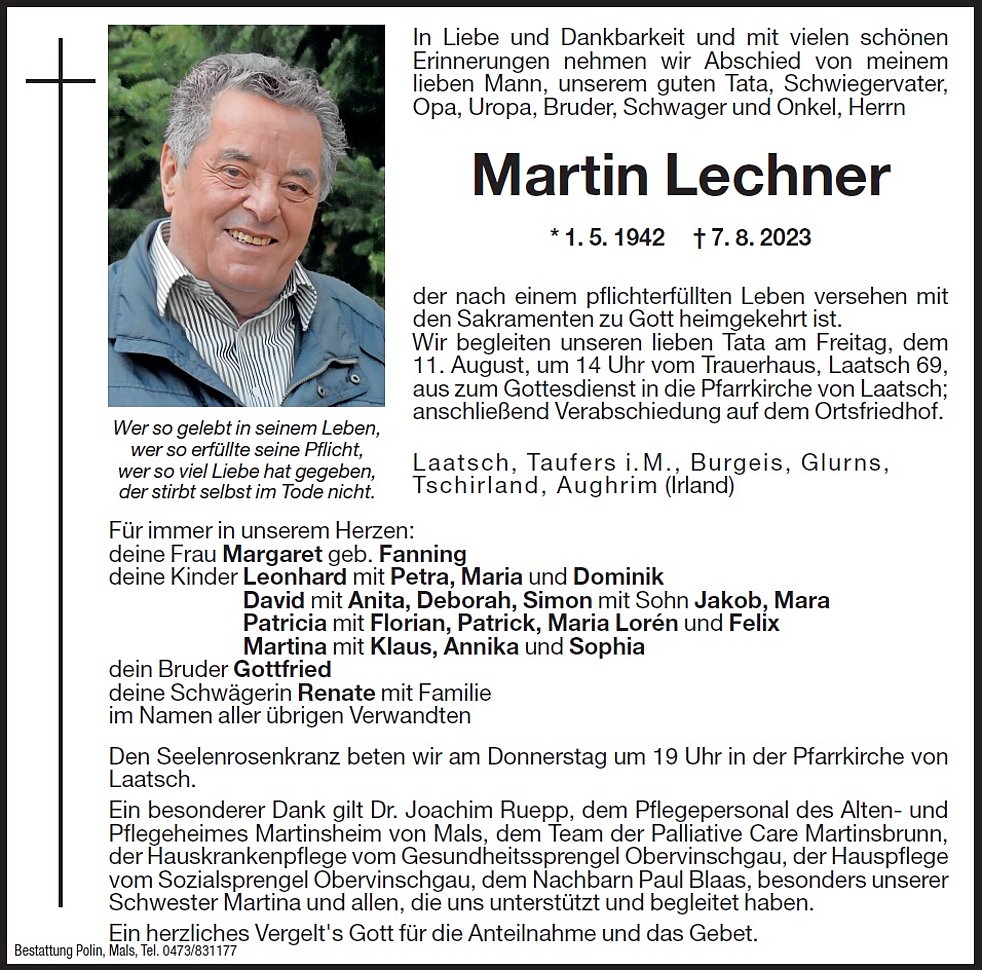 Martin Lechner aus Mals - TrauerHilfe.it - das Südtiroler Gedenkportal