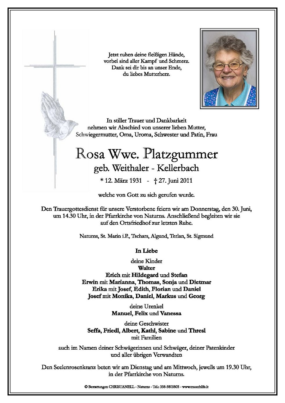 Rosa Wwe. Platzgummer aus Naturns - TrauerHilfe.it - das Südtiroler ...