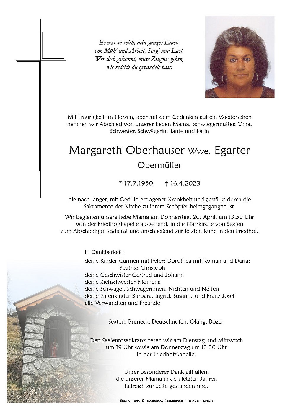 Margareth Oberhauser Wwe. Egarter aus Sexten - TrauerHilfe.it - das Südtiroler Gedenkportal