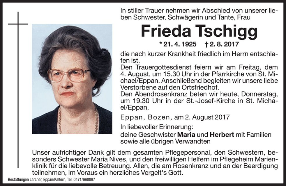 Frieda Tschigg aus Eppan a. d. W. - TrauerHilfe.it - das Südtiroler ...